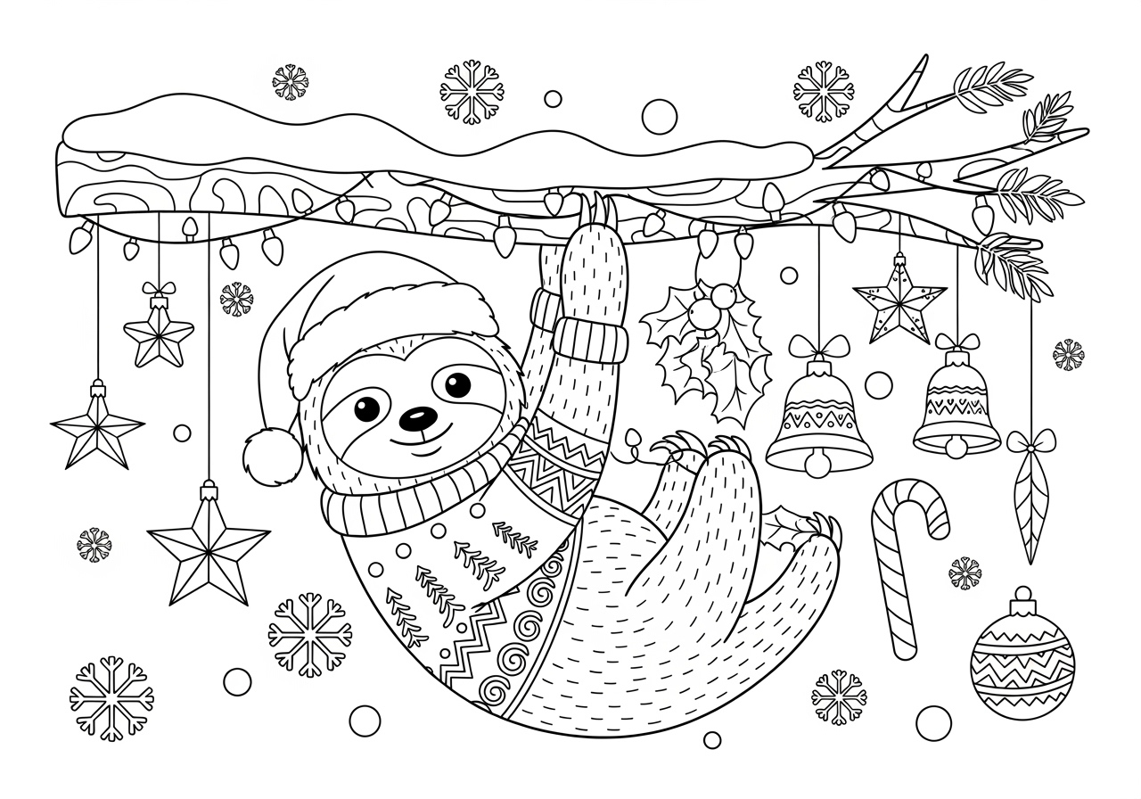 Festive Christmas Sloth Coloring Page for Kids