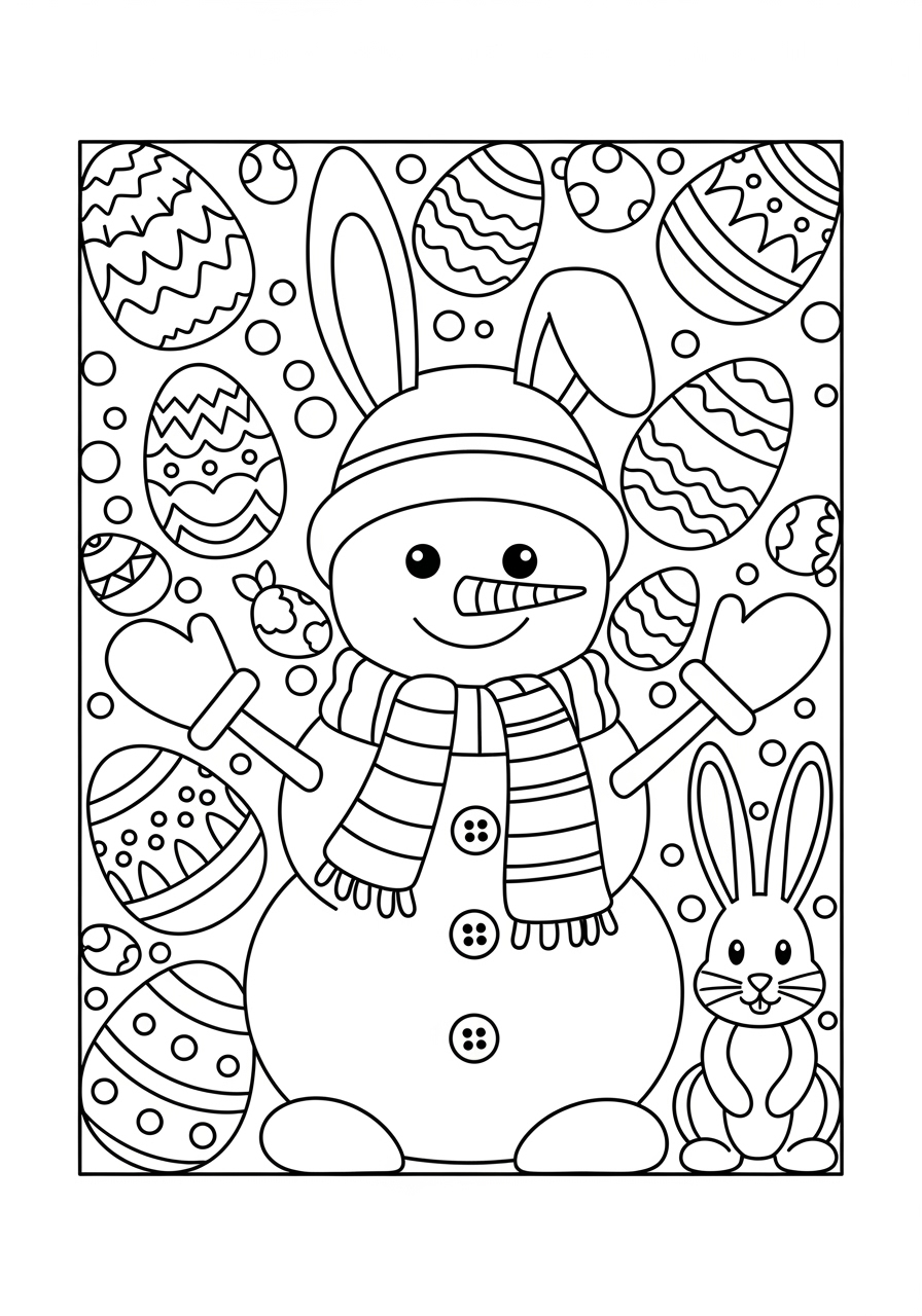 Easter Snowman Coloring Page with Egg and Bunny