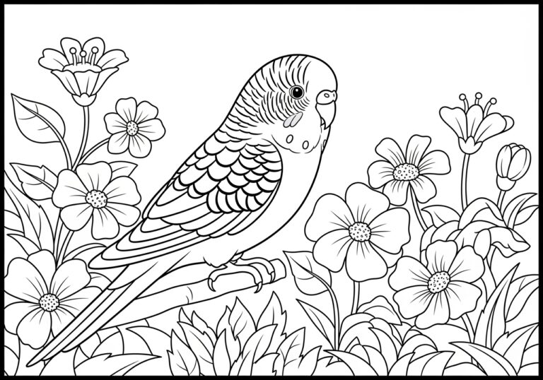 Parakeet in a Flower Garden Coloring Page - Printable Fun